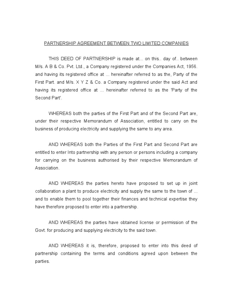 Partnership Agreement Between Two Limited Companies | Partnership ...