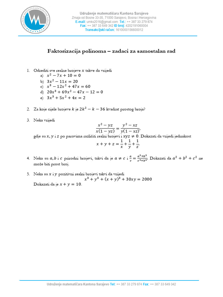 Faktorizacija Polinoma - Samostalni Rad | PDF