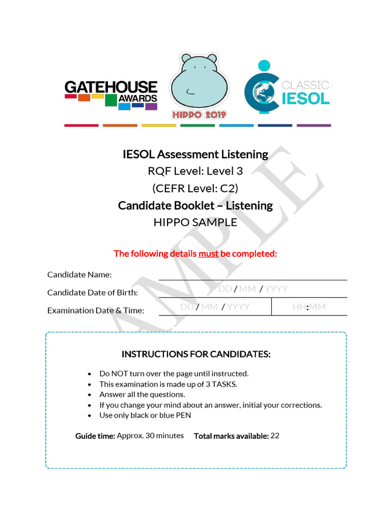 GA IESOL L3 (C2) Candidate Booklet Listening HIPPO Sample | PDF ...