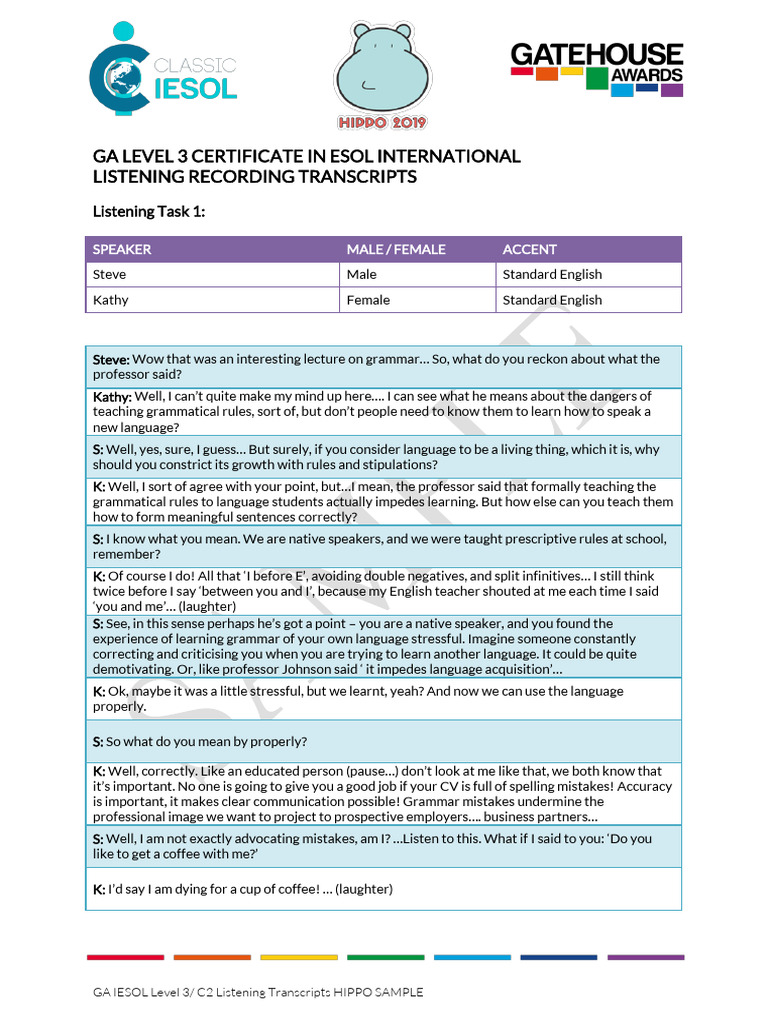 GA IESOL L3 (C2) Listening Task Transcripts HIPPO Sample | PDF ...