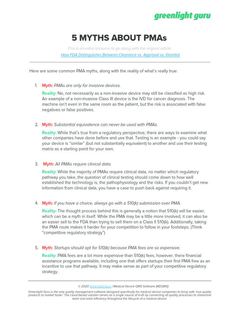 5 Myths About PMAs - Content Upgrade - Greenlight Guru 2020 | PDF | Federal Food | Medical Device