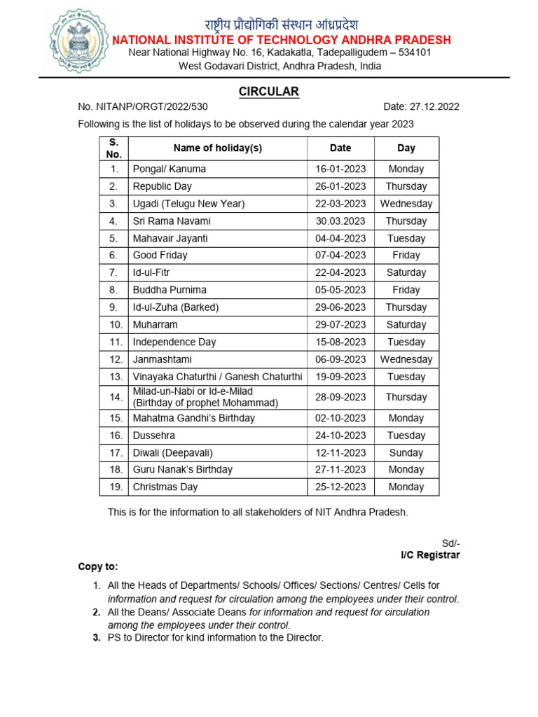 List of Holidays For Calender Year 2023 | PDF | Hindu Worship | Observances