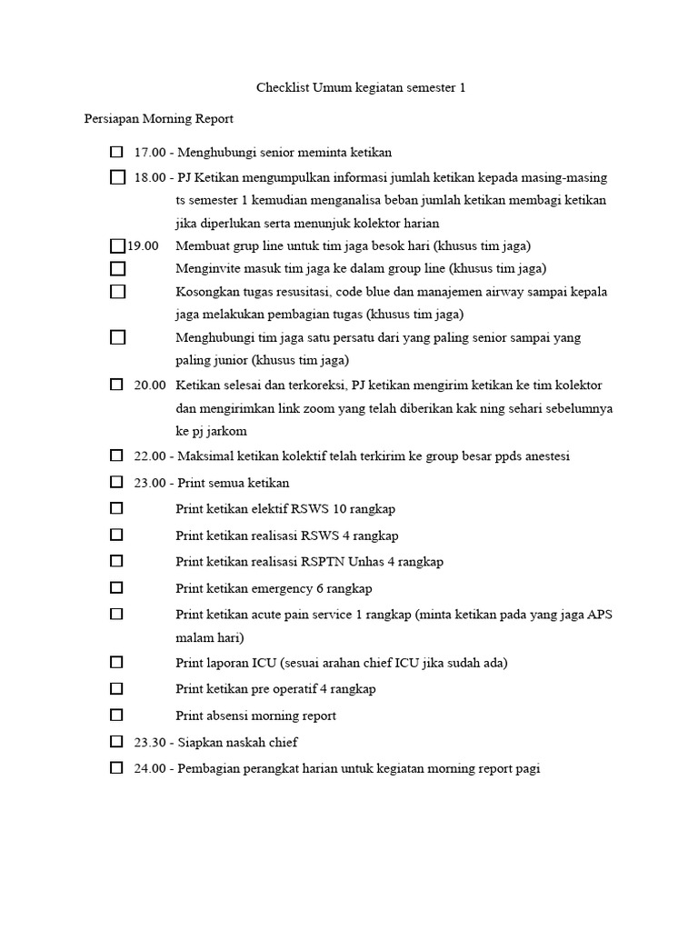 Checklist Umum Kegiatan Semester 1 | PDF