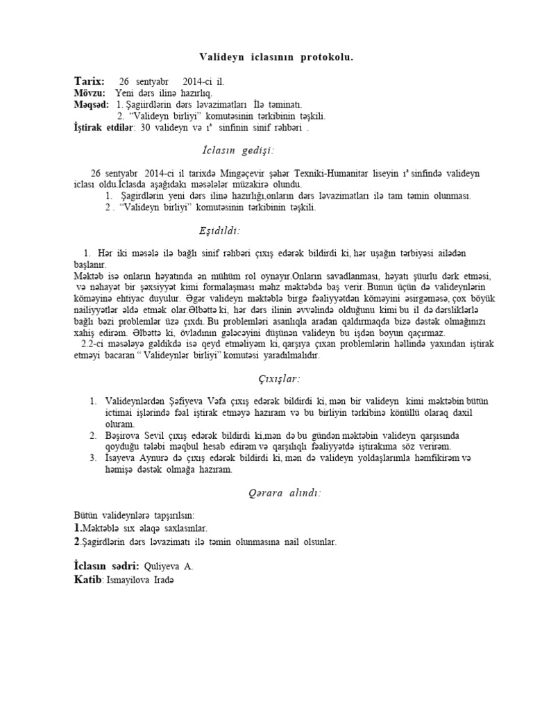 Valideyn Iclaslarinin Protokolu A - Quliyeva | PDF