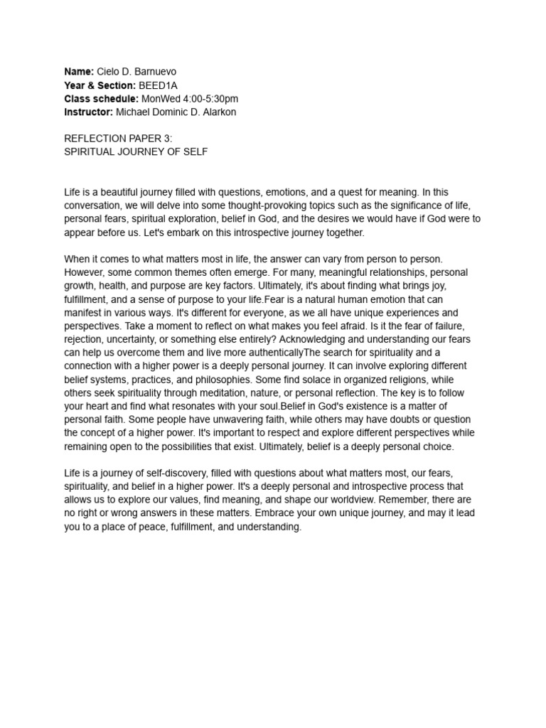 Spiritual Journey Reflection Paper | PDF