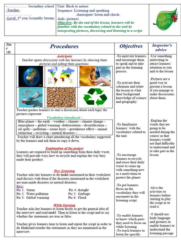 Back To Nature Introduction Lesson PLN - Docx Version 1 | PDF ...