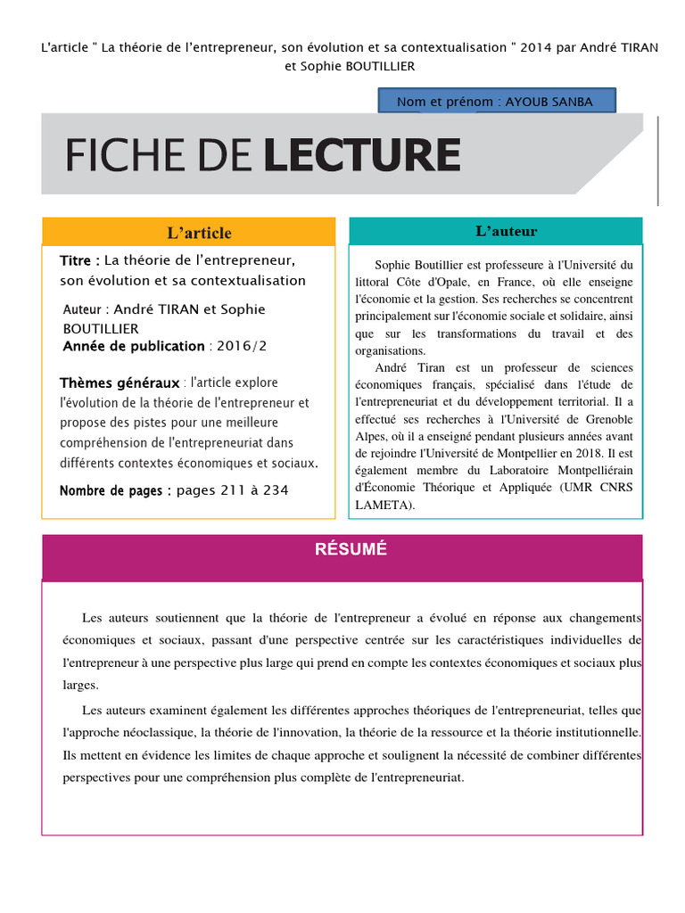 Fiche de Lecture de L'article LA THÉORIE DE L'ENTREPRENEUR, SON ...