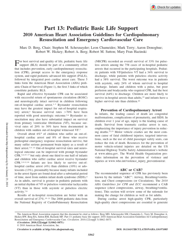 Berg Et Al 2010 Part 13 Pediatric Basic Life Support | PDF | Cardiopulmonary Resuscitation ...