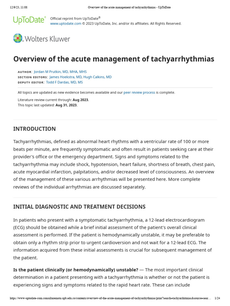 Overview of The Acute Management of Tachyarrhythmias - UpToDate | PDF ...
