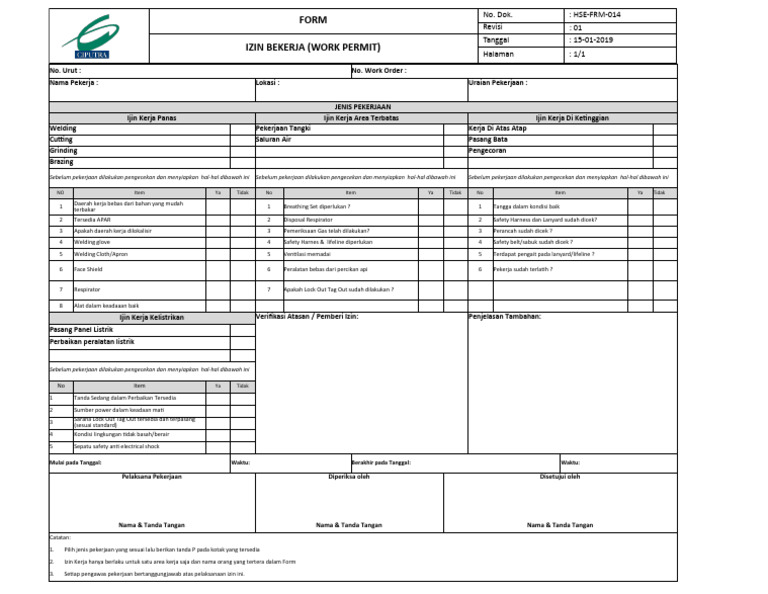 HSE-FRM-014 Izin Bekerja (Work Permit) Rev.1 | PDF