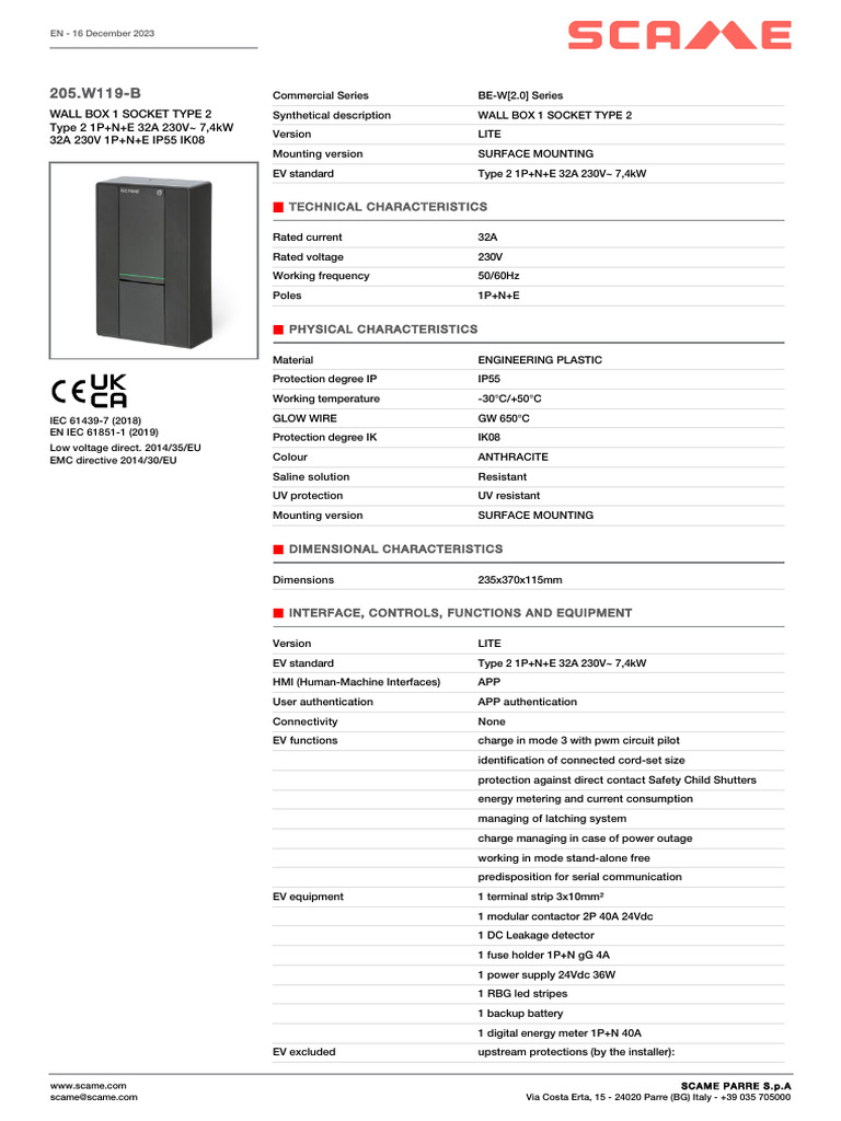 Wall Box 1 Socket Type 2 Type 2 1P+N+E 32A 230V 7,4kW 32A 230V 1P+N+E ...