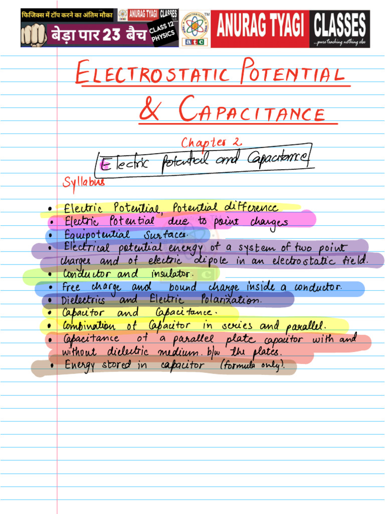 Electrostatic Potential and Capacitance | PDF | Capacitance | Capacitor