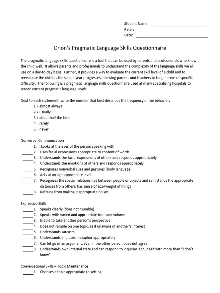 Orion's Pragmatic Language Skills Guide | PDF | Nonverbal Communication ...