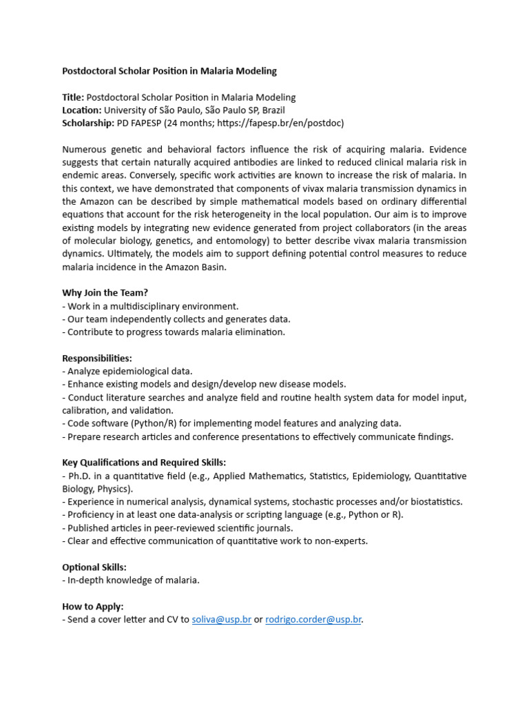 Postdoctoral Scholar Position in Malaria Modeling | PDF | Science ... Postdoctoral Scholar Position in Malaria Modeling | PDF | Science ...