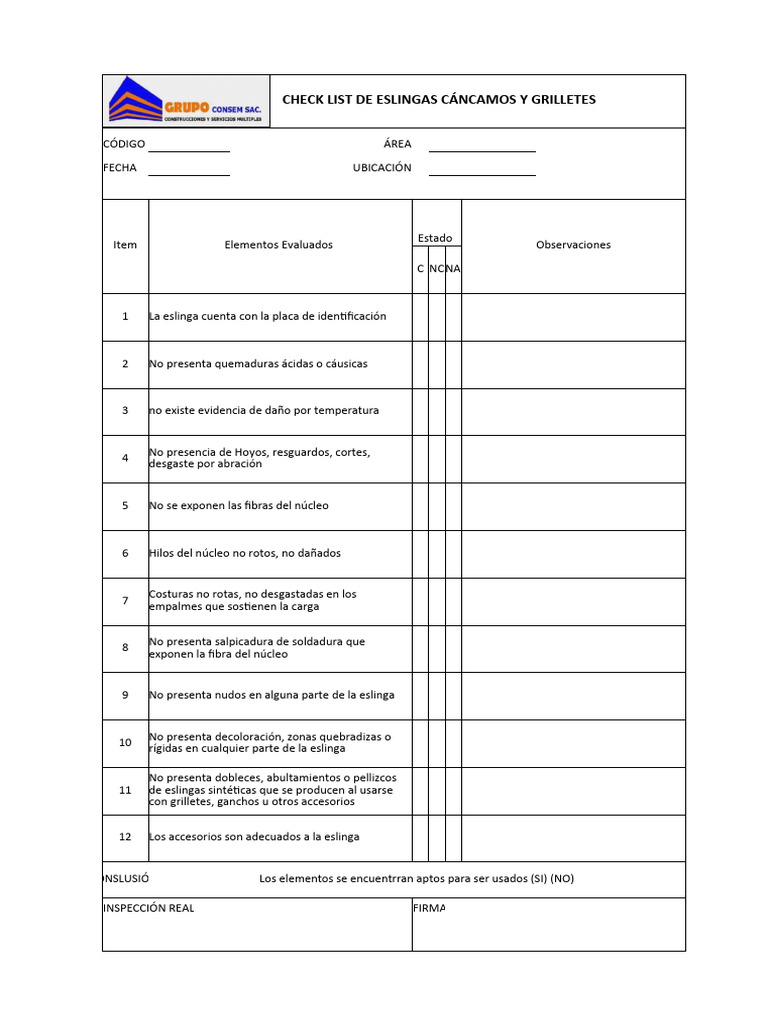 Check List Eslingas! | PDF