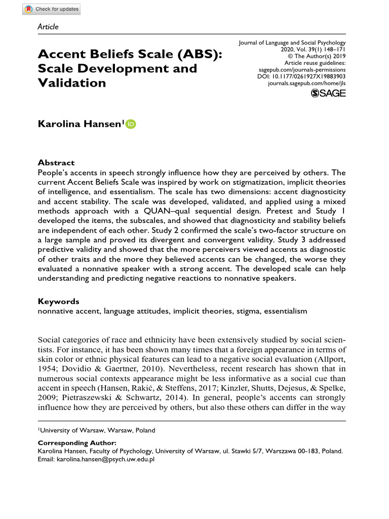 Hansen 2019 Accent Beliefs Scale Abs Scale Development and Validation ...