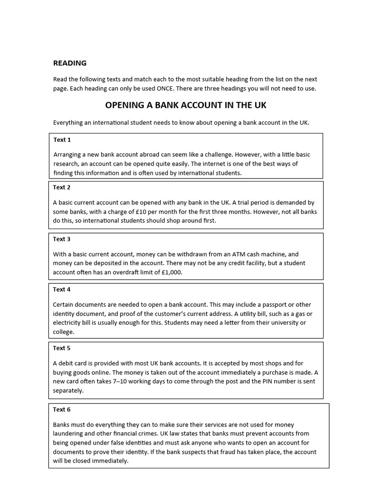 READING 3 Opening A Bank Account in The UK | PDF | Transaction Account ...