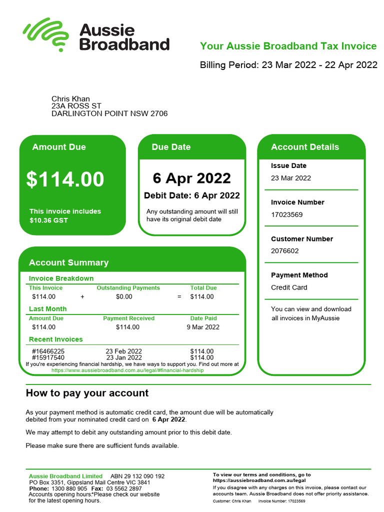 Aussie Broadband Invoice 17023569 | PDF | Invoice | Debit Card