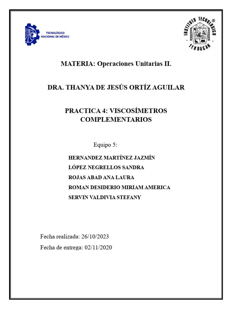 Reporte de Practica 4. Viscosímetros Complementarios. OP II. | PDF | Viscosidad | Líquidos