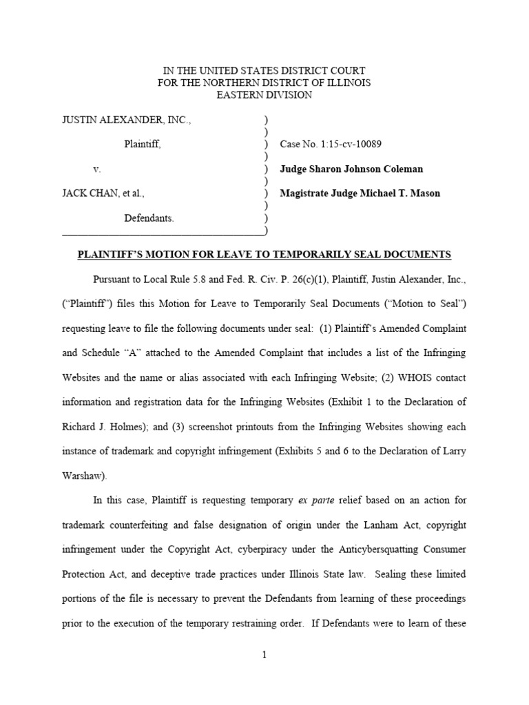Motion to Seal Documents in Trademark Case | PDF | Copyright ...