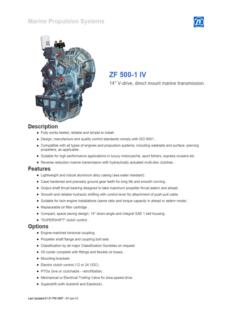 ZF 500 Marine Transmission Overview | PDF | Horsepower | Clutch