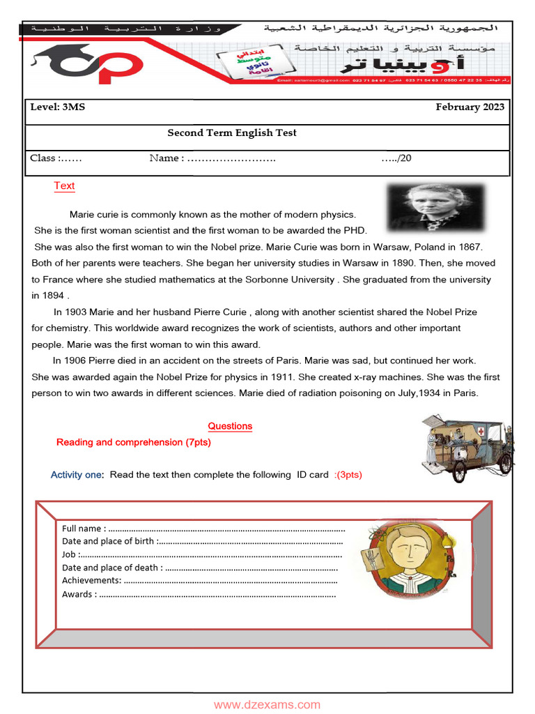 Dzexams 3am Anglais 2141938 | PDF | Marie Curie | Science