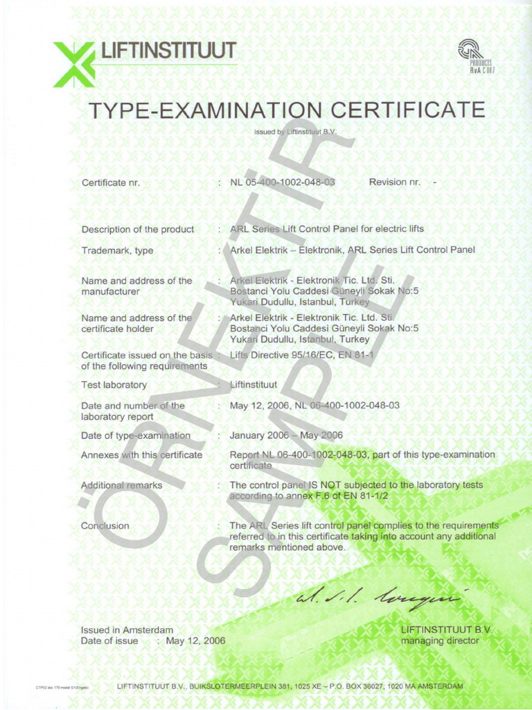 Arl Series Control Panels Type Examination Certificate | PDF