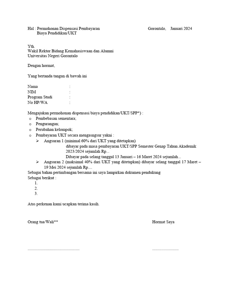 Contoh Surat Permohonan Penurunan UKT | PDF