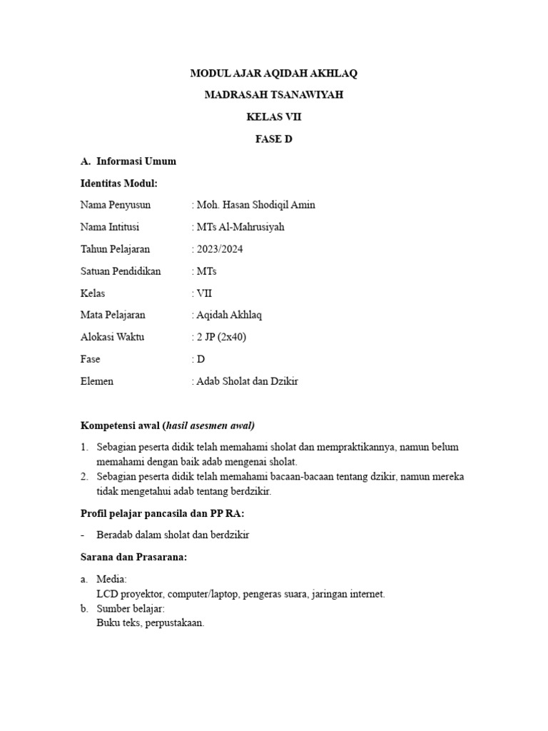 MODUL AJAR AQIDAH AKHLAQ Jadi | PDF