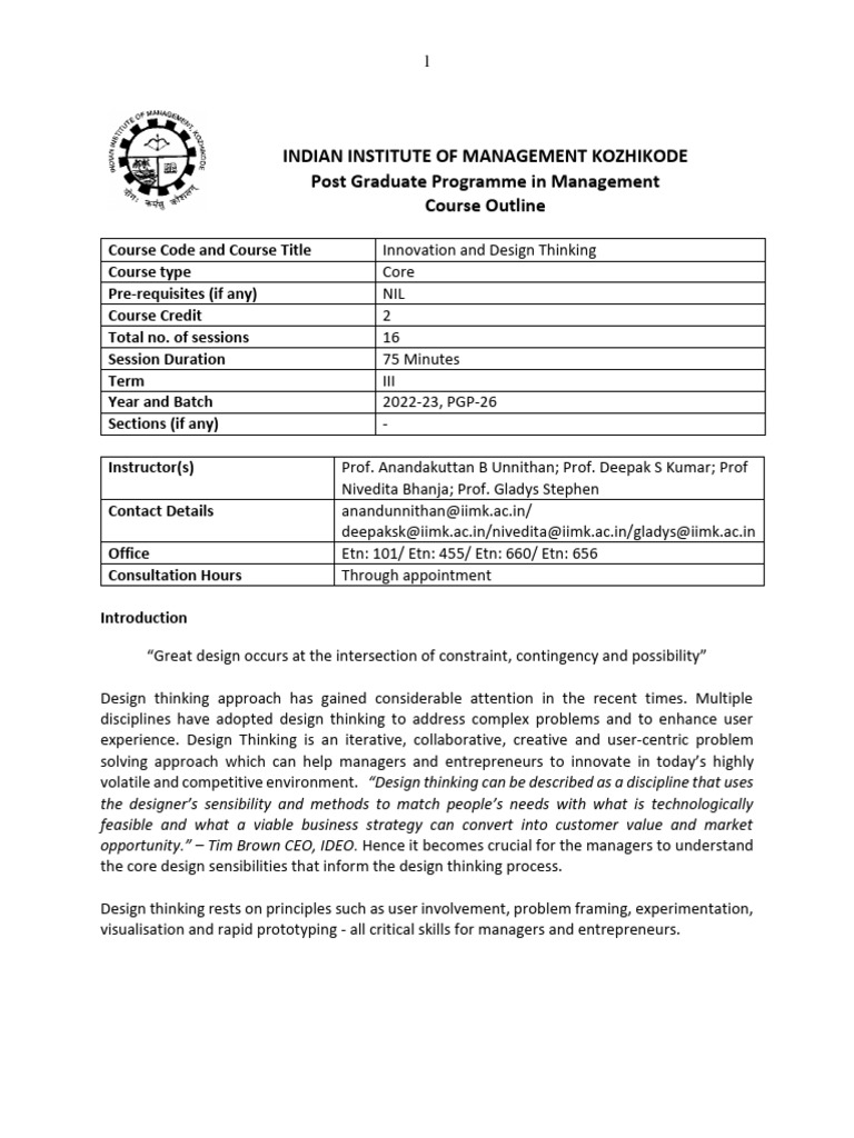 IIM Kozhikode Design Thinking Course Outline | PDF | Design Thinking ...