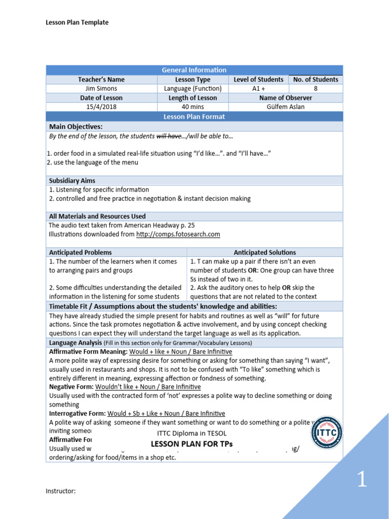 Ittc Ders Planı Garmmar and Vocabulary | PDF | Lesson Plan | Linguistics