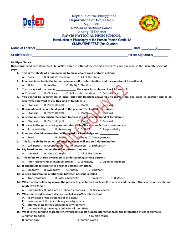 Grade 12 Philosophy 2nd Quarter Exam | PDF | Truth | Thought
