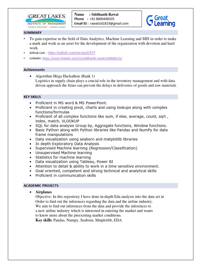 Company CV Siddhant Rawat | PDF | Machine Learning | Data Analysis