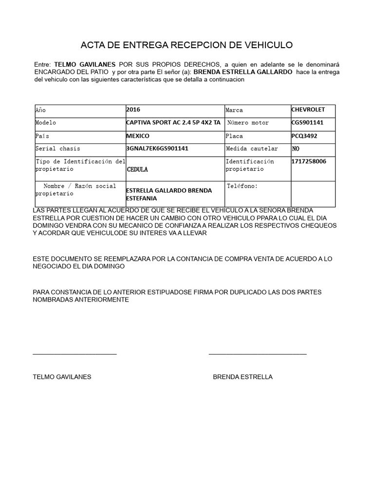 ACTA DE ENTREGA RECEPCION DE VEHICULO | PDF