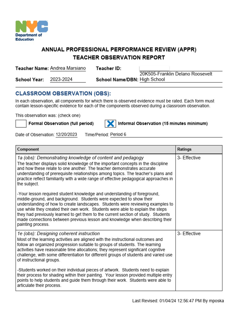 12-20-2023 Informal Observation | PDF | Teachers | Pedagogy