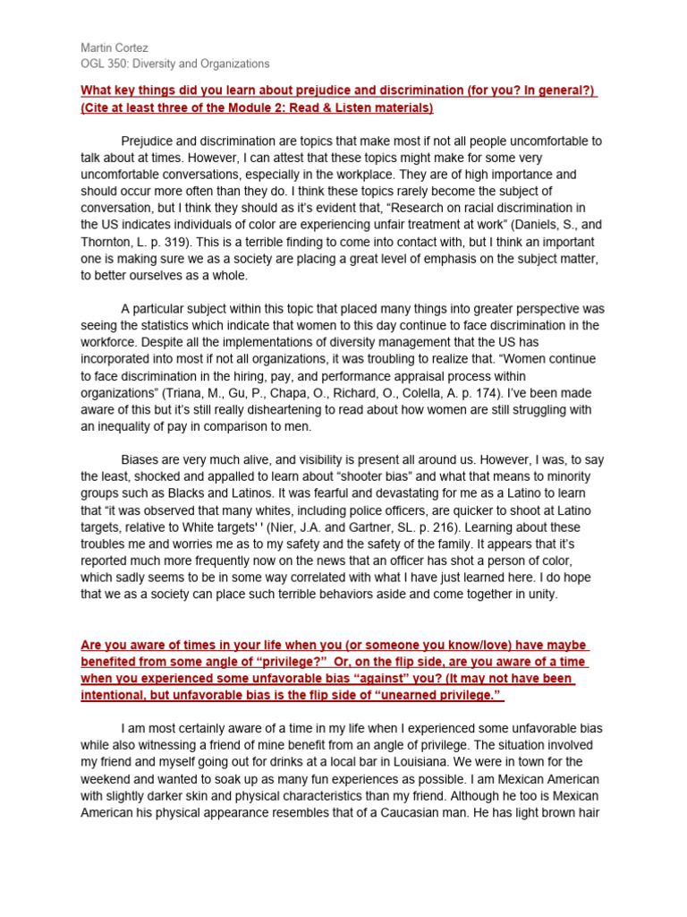 Module 2 Reflection Questions | PDF | Prejudices | Discrimination