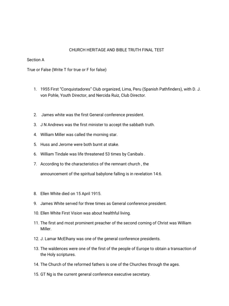 Church Heritage and Bible Truth Test | PDF