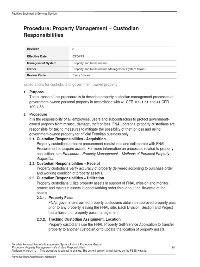 Custodian Responsibilities for Property Management | PDF | Business