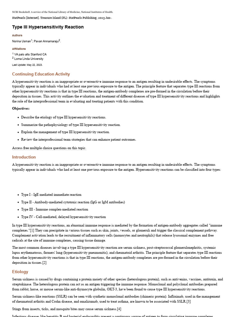 Type III Hypersensitivity Reaction - StatPearls - NCBI Bookshelf | PDF ...