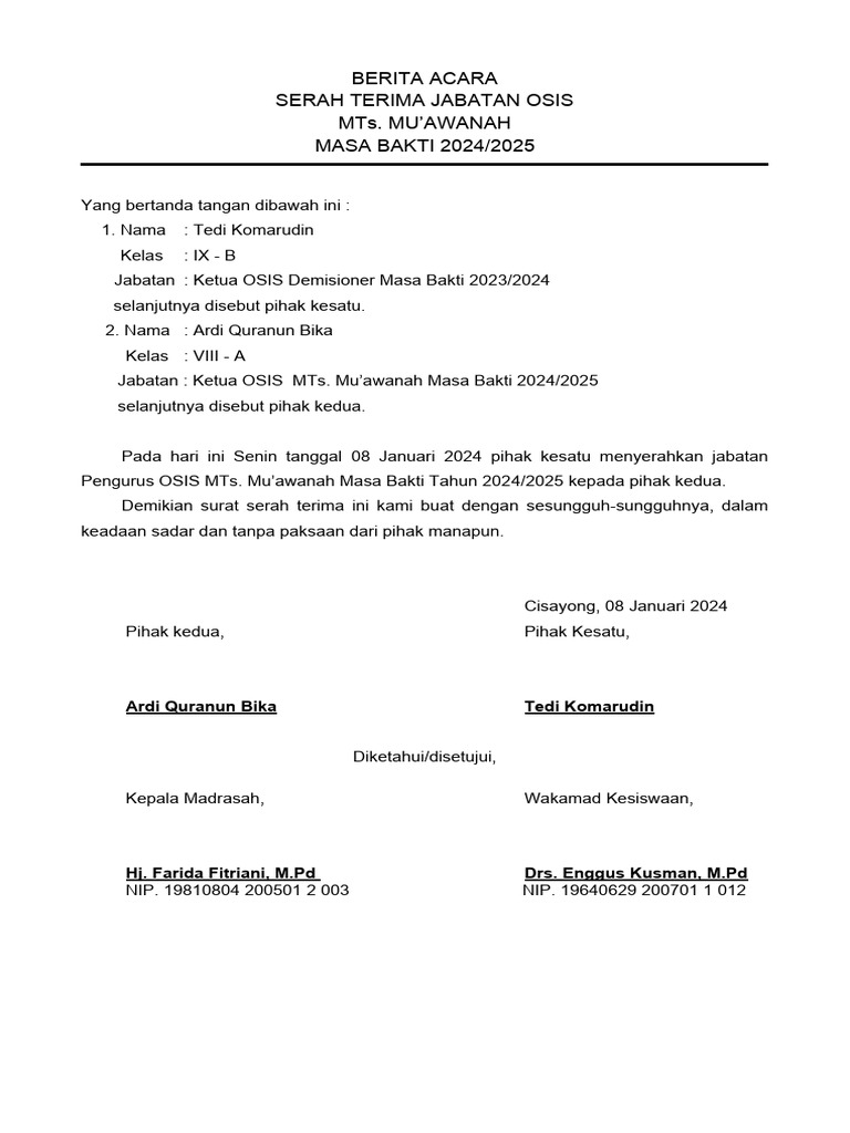 Berita Acara Serah Terima Jabatan Osis - 2425 | PDF