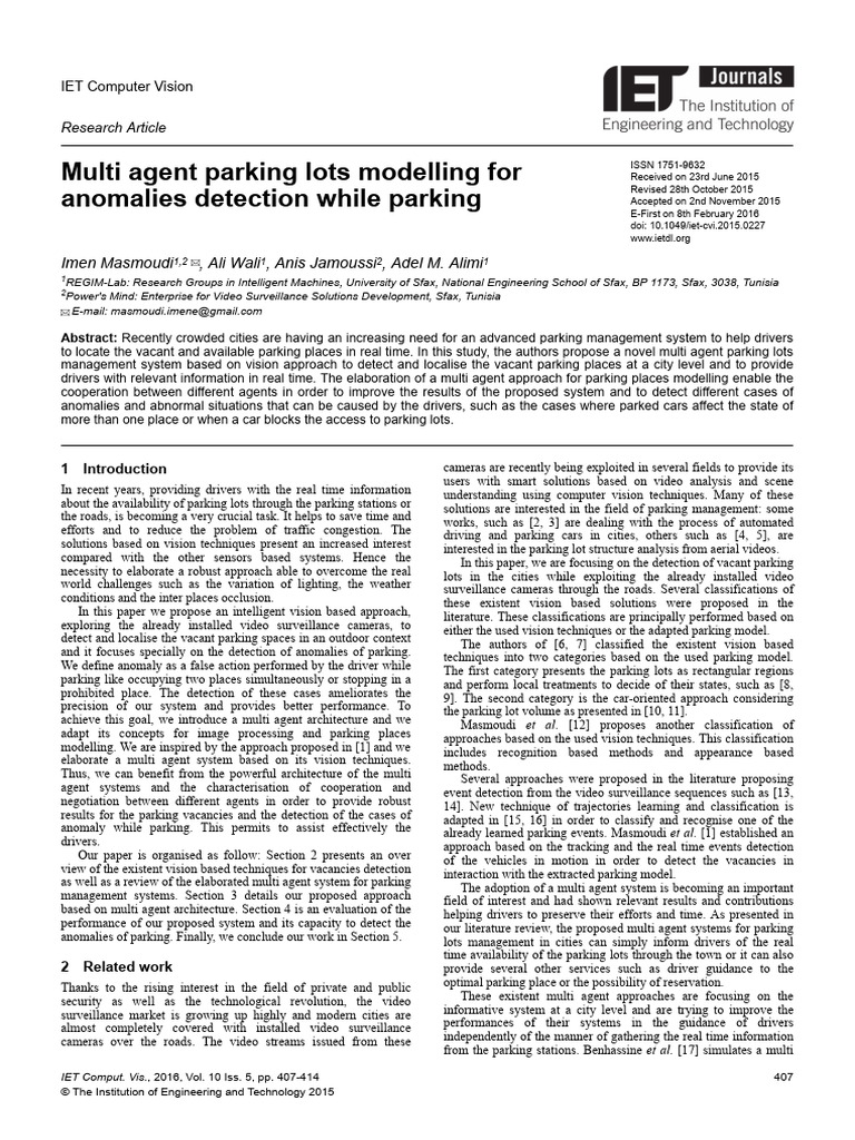 IET Computer Vision - 2016 - Masmoudi - Multi Agent Parking Lots Modelling For Anomalies ...