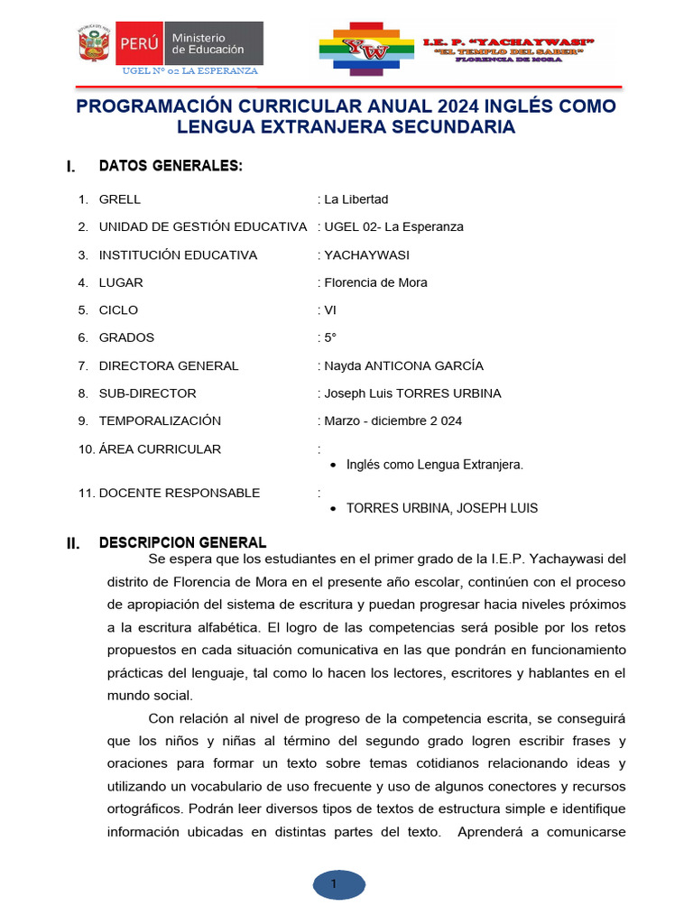 1. PROGRAMACION CURRICULAR ANUAL (PCA) 2024-1 | PDF | Segundo lenguaje | Aprendizaje