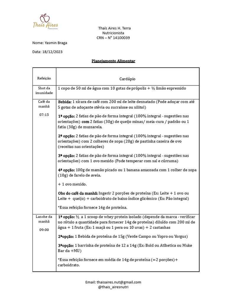 Planejamento Alimentar Yasmin Braga | PDF | Alimentos | Chocolate