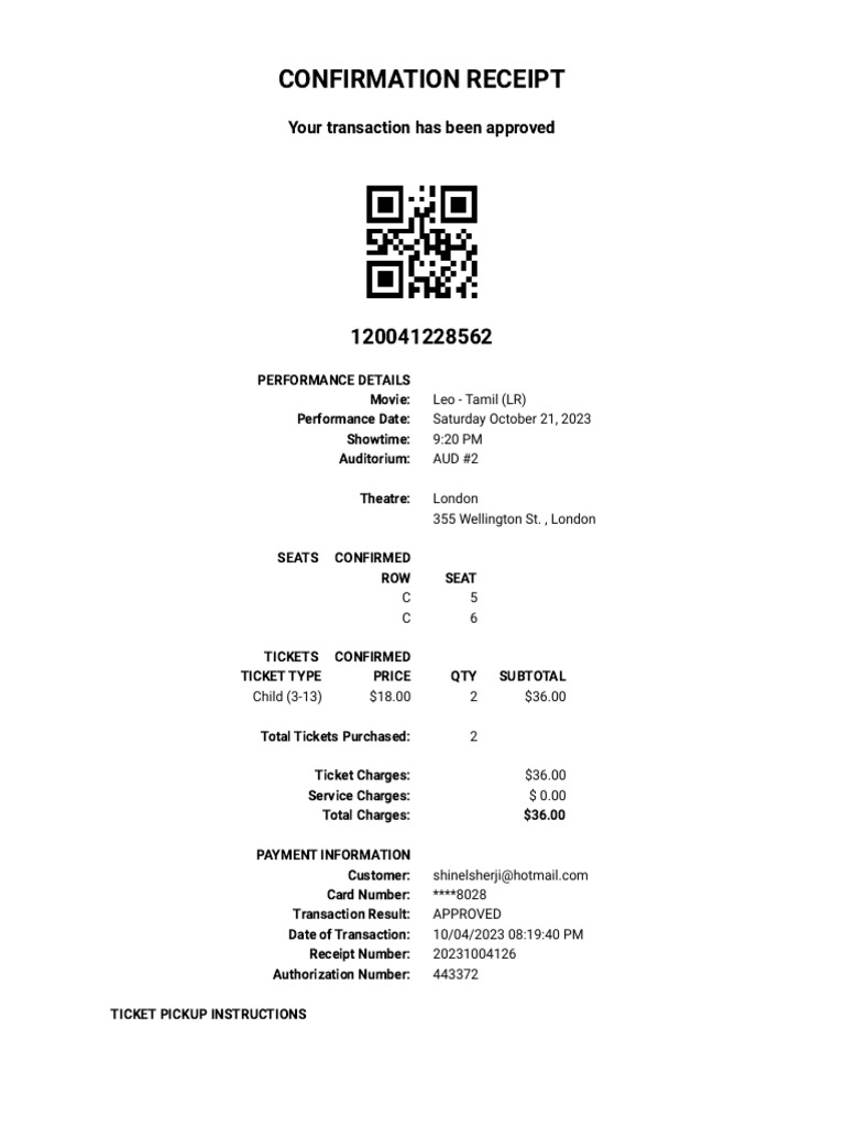 Movie Ticket Confirmation Receipt | PDF | Receipt | Credit Card