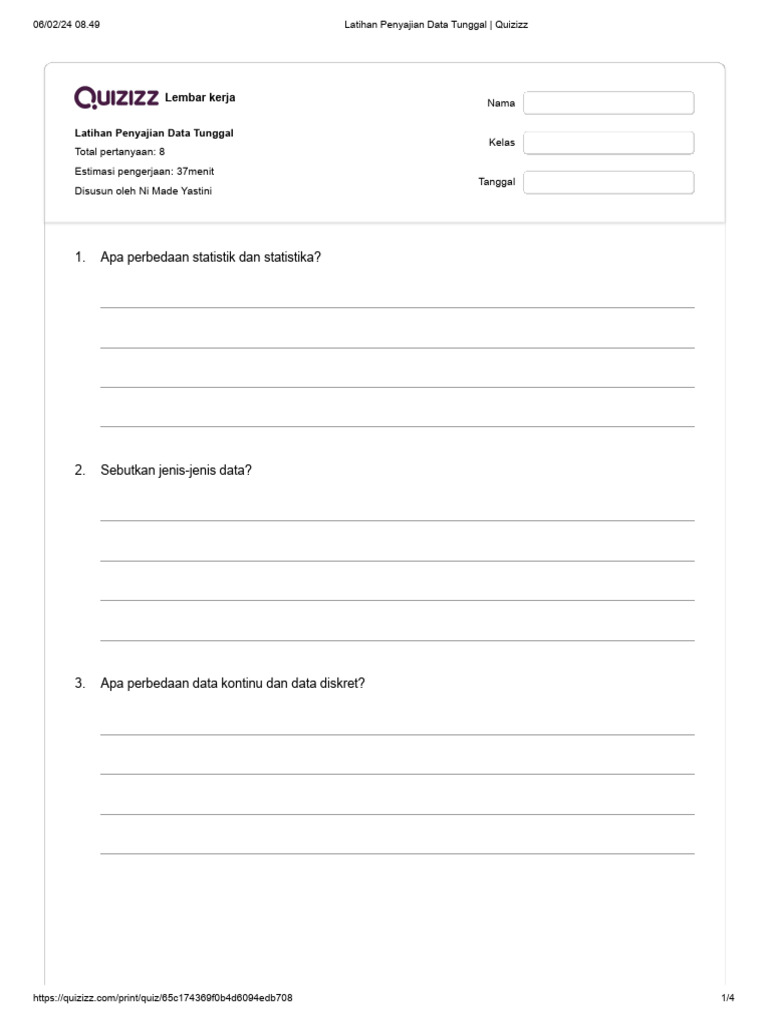 Latihan Penyajian Data Tunggal - Quizizz | PDF | Komputer