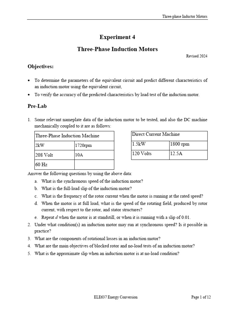 637 - 2024 Lab-4 Induction Machines | PDF | Electric Motor | Electric ...