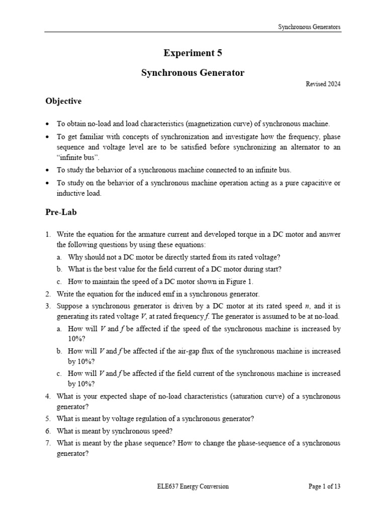 637 - 2024 Lab-5 Synchronous Machines | PDF | Electric Motor | Electric ...