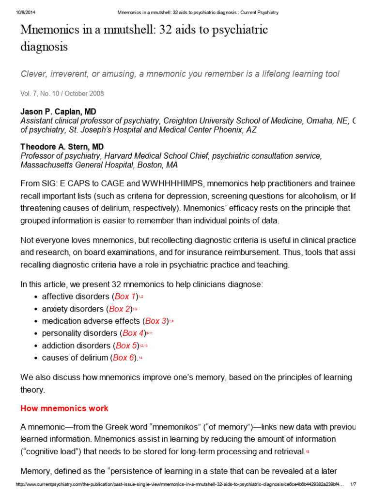 Mnemonics for Psychiatric Diagnosis | PDF | Memory | Anxiety