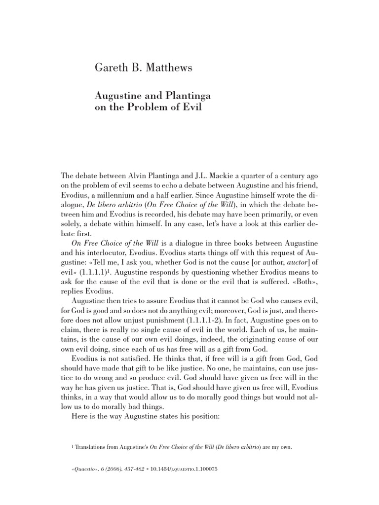 Augustine and Plantinga On The Problem of Evil Gareth B Matthews2006 ...