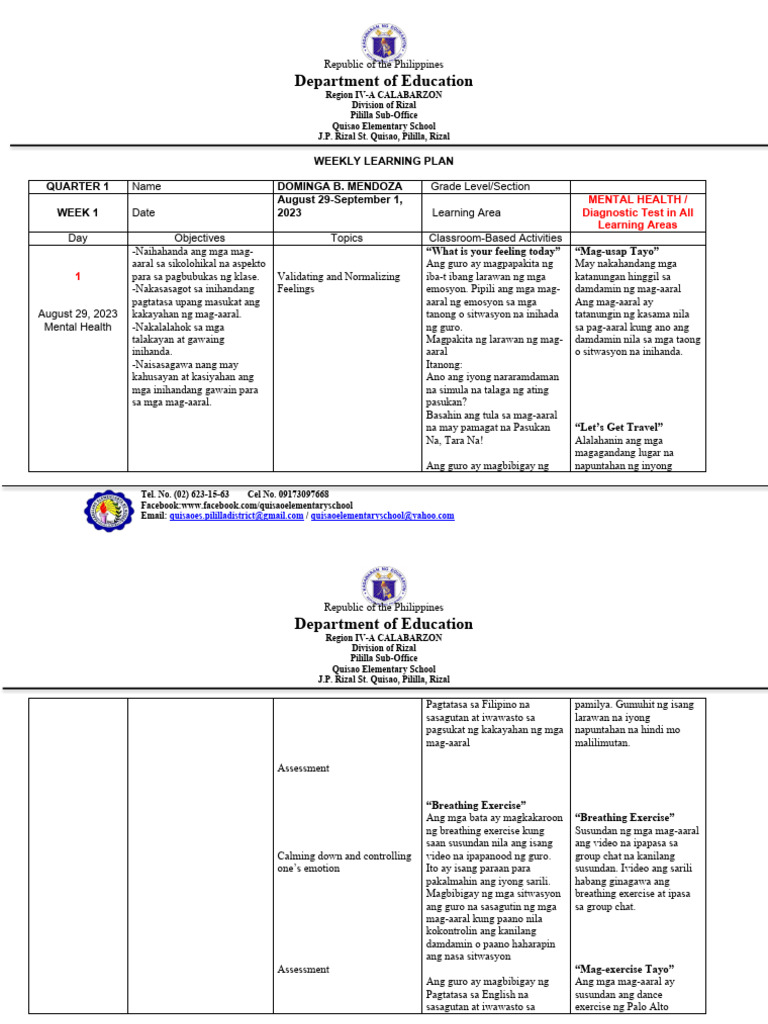 Dominga Wlp-q1w1 - Mental Health - Diagnostic Test | PDF